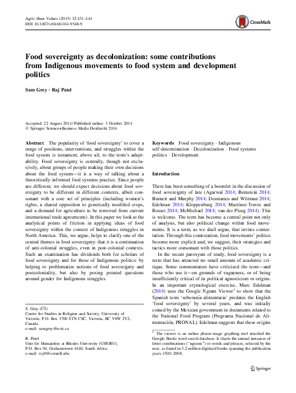 Food Sovereignty as Decolonization: Some Contributions from Indigenous ...