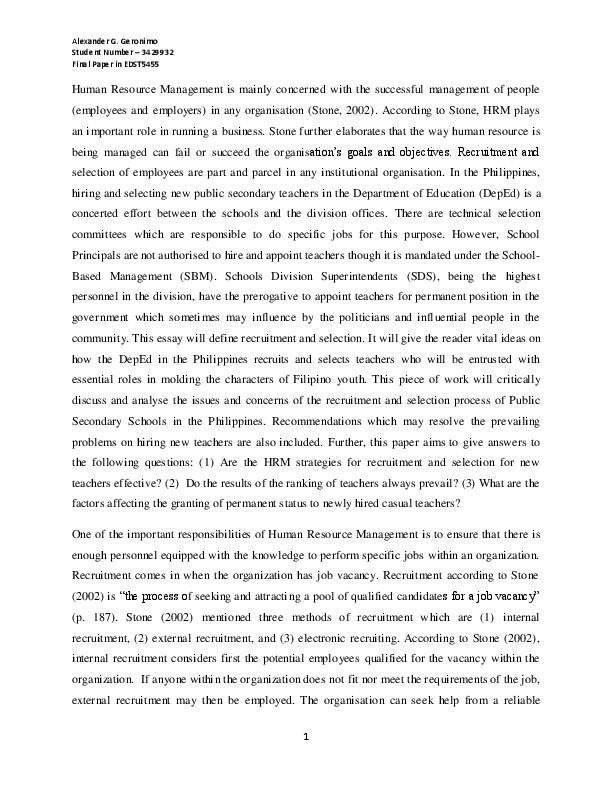 (PDF) Recruitment and Hiring of Teachers in the Philippines S.Y. 2012-2013