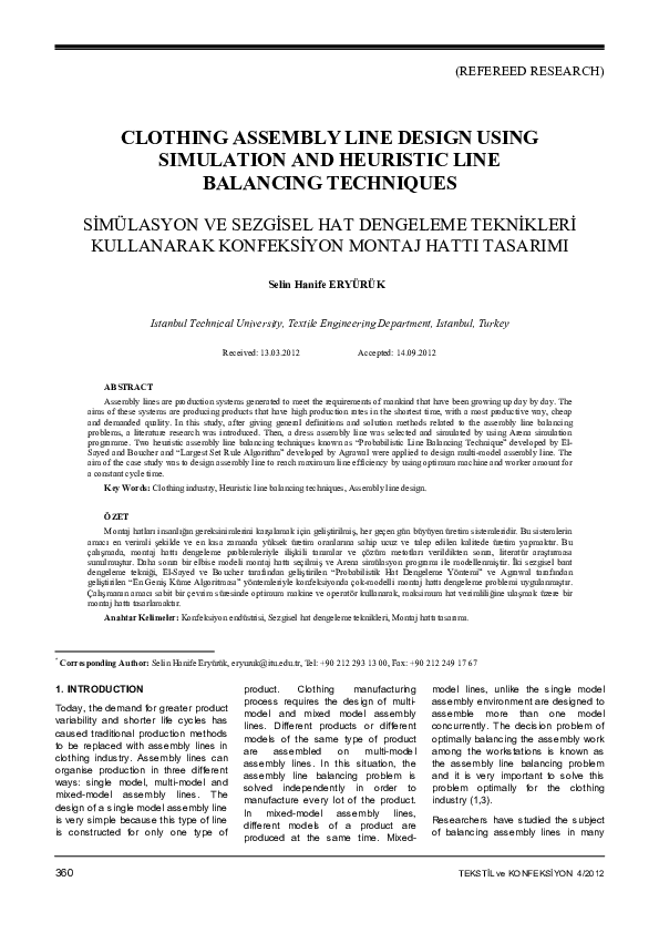 Pdf Clothing Assembly Line Design Using Simulation And Heuristic Line Balancing Techniques