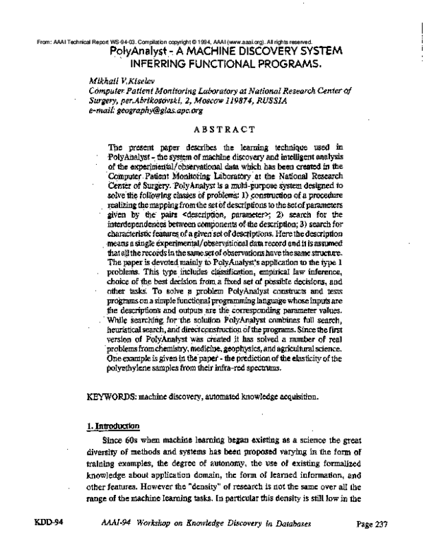 (PDF) PolyAnalyst - A Machine Discovery System Inferring Functional Programs