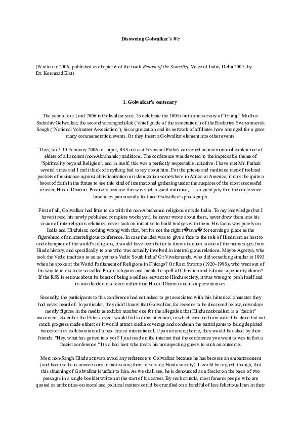 (DOC) Disowning Golwalkar's We