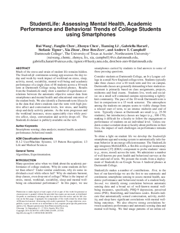 (PDF) StudentLife: Assessing Mental Health, Academic Performance and ...