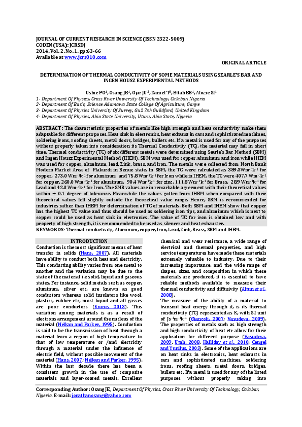(PDF) DETERMINATION OF THERMAL CONDUCTIVITY OF SOME MATERIALS USING ...