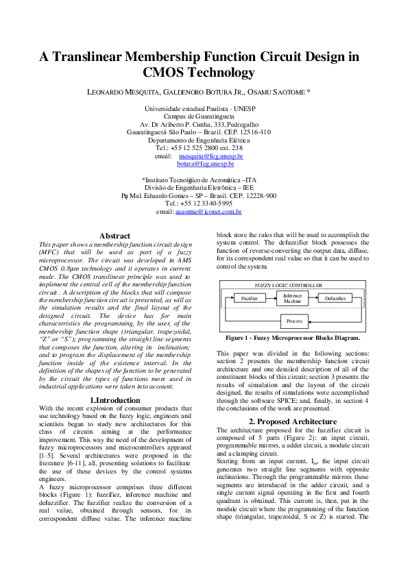 (PDF) A Translinear Membership Function Circuit Design in CMOS Technology
