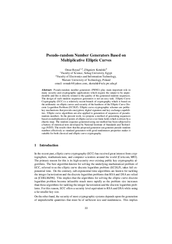 Pdf Pseudo Random Number Generators Based On Multiplicative Elliptic Curves