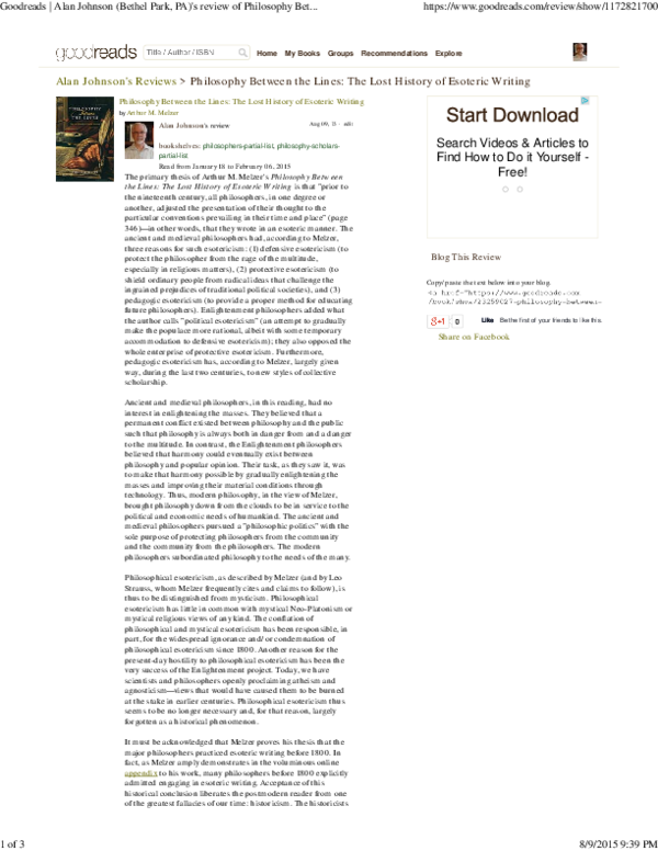 (PDF) Review of Arthur M. Melzer, Philosophy Between the Lines: The ...