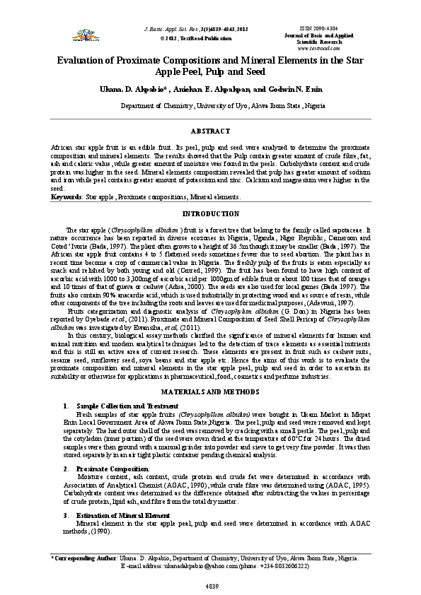 Pdf Evaluation Of Proximate Compositions And Mineral Elements In The