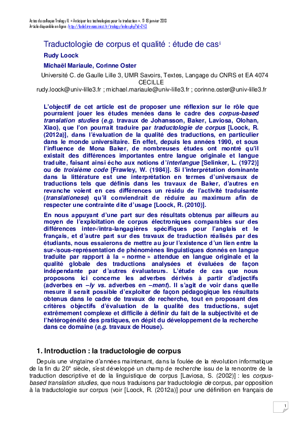 (PDF) Traductologie de corpus et qualité : étude de cas