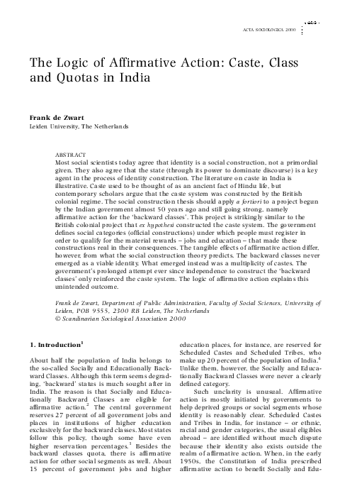 (PDF) The Logic of Affirmative Action: Caste, Class and Quotas in India