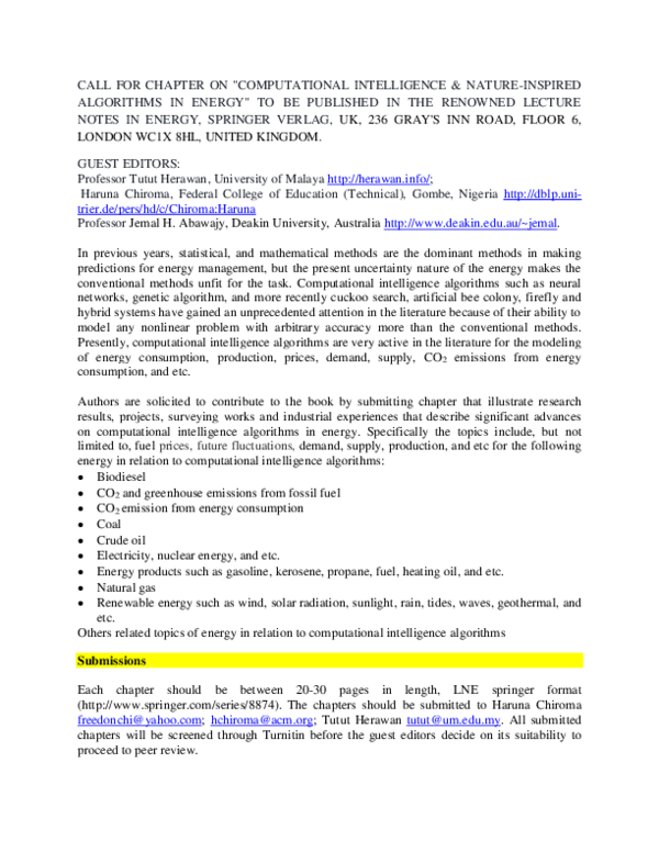 Pdf Call For Chapter On Computational Intelligence And Nature Inspired Algorithms In Energy To