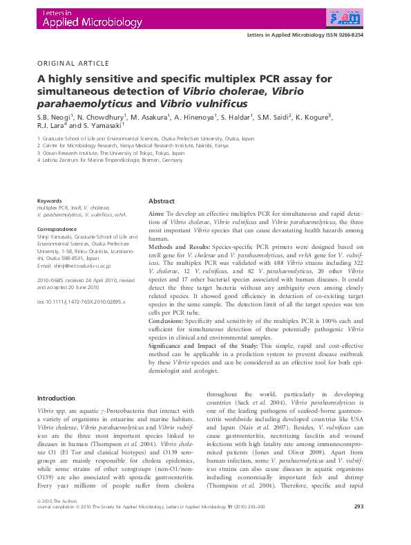 Pdf A Highly Sensitive And Specific Multiplex Pcr Assay For Simultaneous Detection Of Vibrio