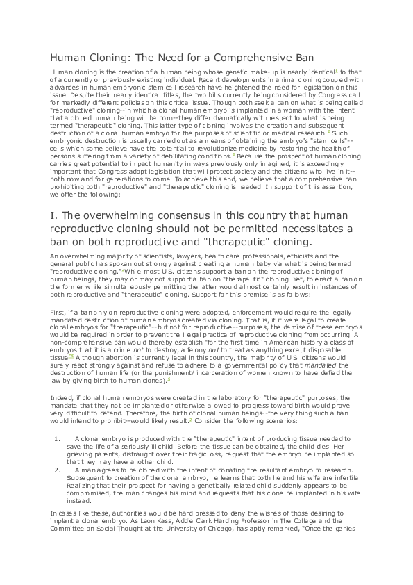 (DOC) Human Cloning: The Need for a Comprehensive Ban