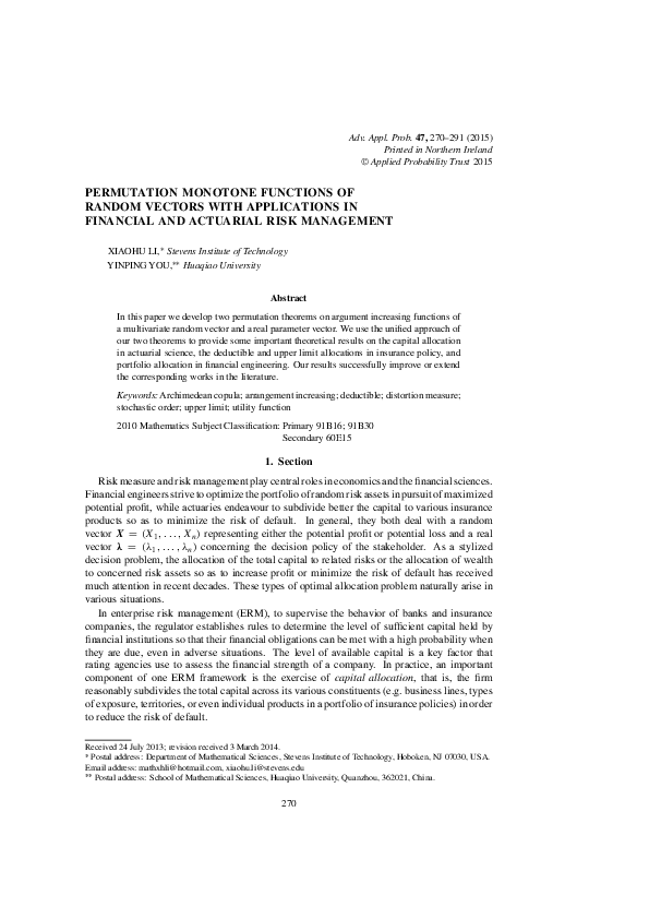 (PDF) PERMUTATION MONOTONE FUNCTIONS OF RANDOM VECTORS WITH APPLICATIONS IN FINANCIAL AND ...
