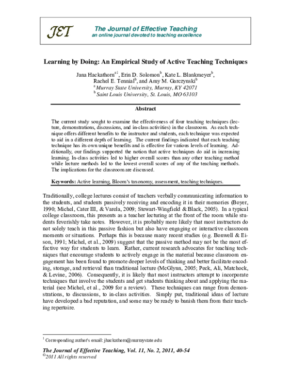(PDF) The Journal of Effective Teaching Learning by Doing: An Empirical ...