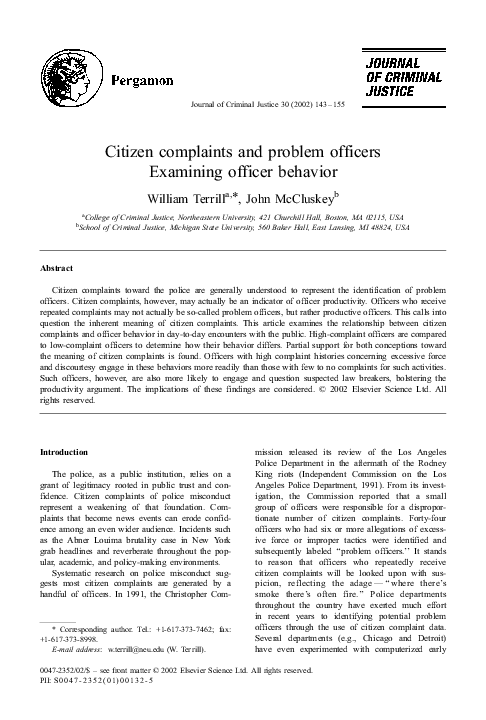 (PDF) Citizen complaints and problem officers: Examining officer behavior
