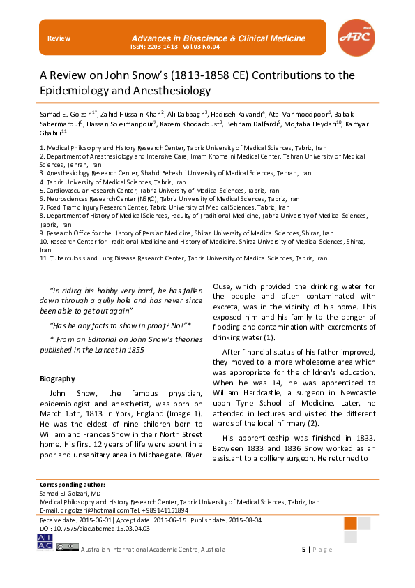 (PDF) A Review on John Snow’s (1813-1858 CE) Contributions to the ...
