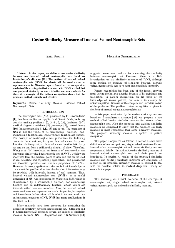 (PDF) Cosine Similarity Measure of Interval Valued Neutrosophic Sets