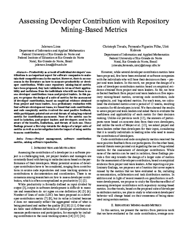 Pdf Assessing Developer Contribution With Repository Mining Based