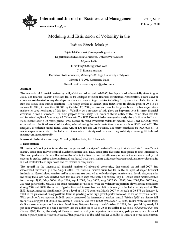 Pdf Modeling And Estimation Of Volatility In The Indian Stock Market
