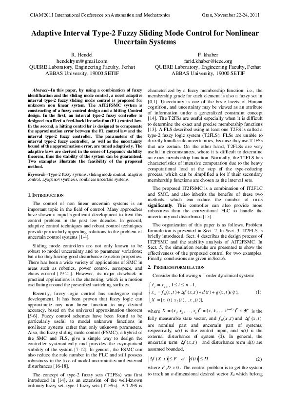 Pdf Adaptive Interval Type 2 Fuzzy Sliding Mode Control For Nonlinear
