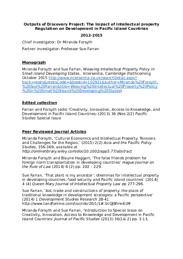 (DOC) Outputs of Project Investigating Impact of Intellectual Property ...
