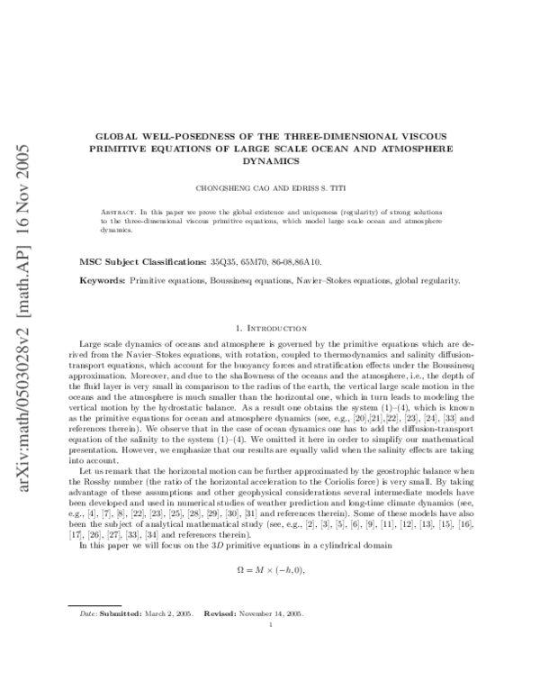 (PDF) Global Well-Posedness and Analyticity of the Primitive Equations ... (PDF) Global Well-Posedness and Analyticity of the Primitive Equations ...