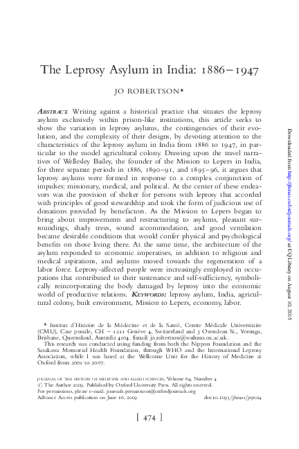 (PDF) The Leprosy Asylum in India: 1886-1947