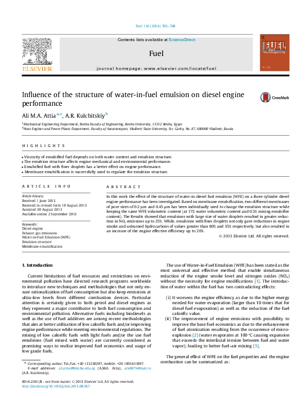 (PDF) Influence of the structure of water-in-fuel emulsion on diesel ...