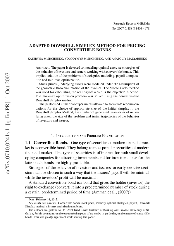 (PDF) Adapted Downhill Simplex Method for Pricing Convertible Bonds