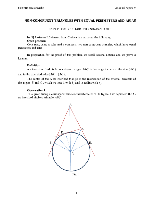 (PDF) NON-CONGRUENT TRIANGLES WITH EQUAL PERIMETERS AND ARIAS