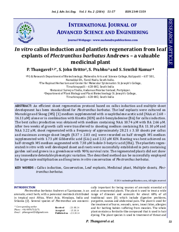 (PDF) In vitro callus induction and plantlets regeneration from leaf ...