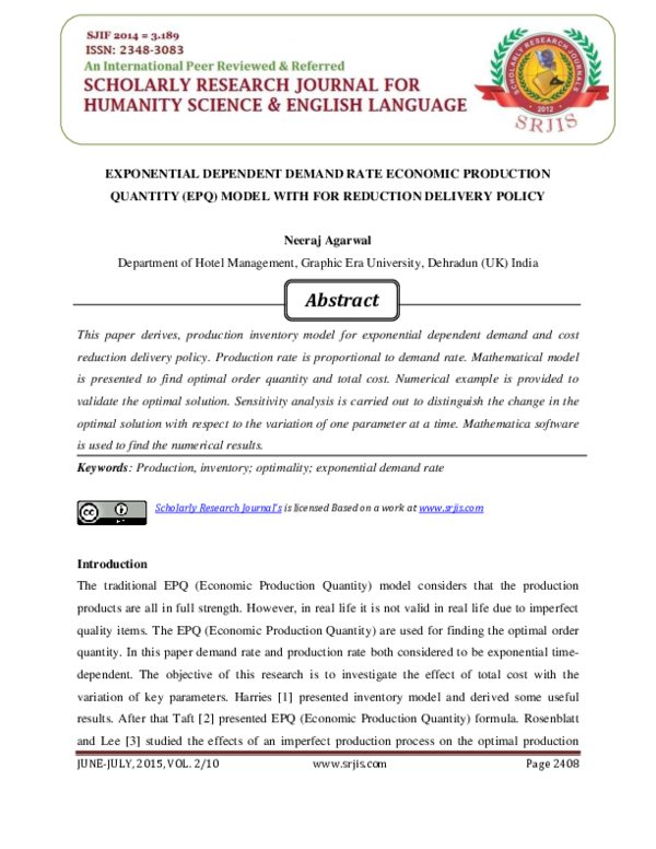 Pdf Exponential Dependent Demand Rate Economic Production Quantity Epq Model With For