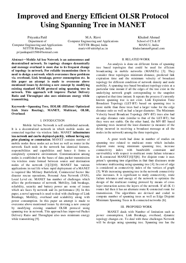 Pdf Improved And Energy Efficient Olsr Protocol Using Spanning Tree