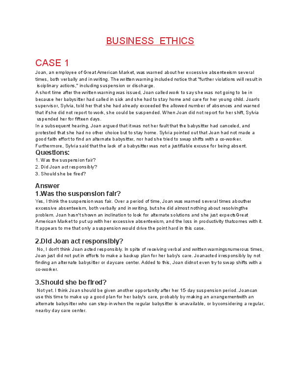 (DOC) BUSINESS ETHICS CASE 1 Answer 1.Was the suspension fair