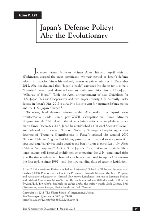 (PDF) Japan's Defense Policy: Abe the Evolutionary | Adam P Liff ...