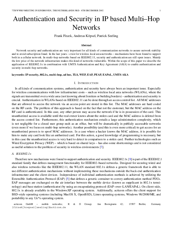 (PDF) Authentication and Security in IP based Multi–Hop Networks