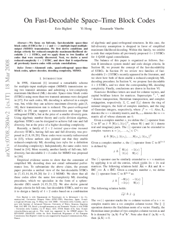 Pdf On Fast Decodable Space Time Block Codes Emanuele Viterbo