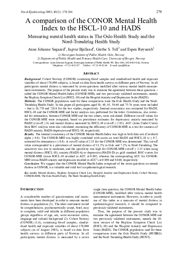 (PDF) A comparison of the CONOR Mental Health Index to the HSCL-10 and ...