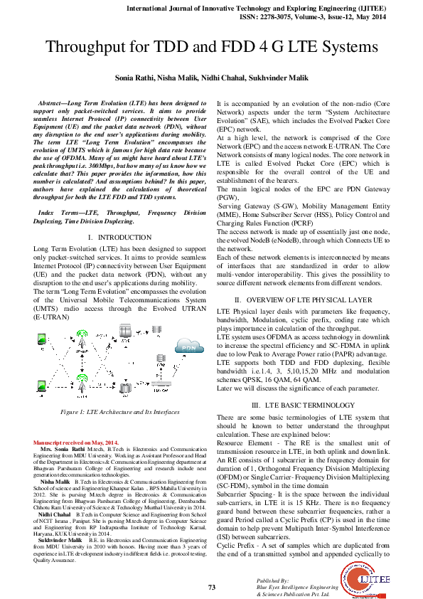 (PDF) Throughput for TDD and FDD 4 G LTE Systems