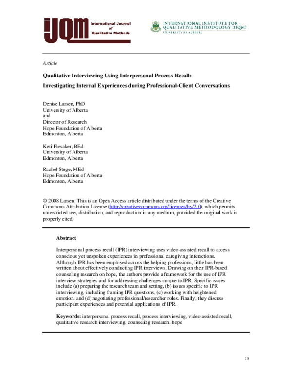 (PDF) Qualitative Interviewing Using Interpersonal Process Recall ...