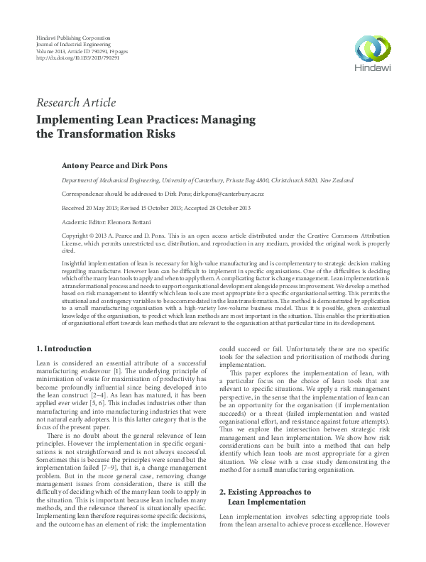 (PDF) Implementing Lean Practices: Managing the Transformation Risks