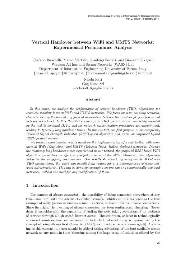 Pdf Vertical Handover Between Wifi And Umts Networks Experimental Performance Analysis
