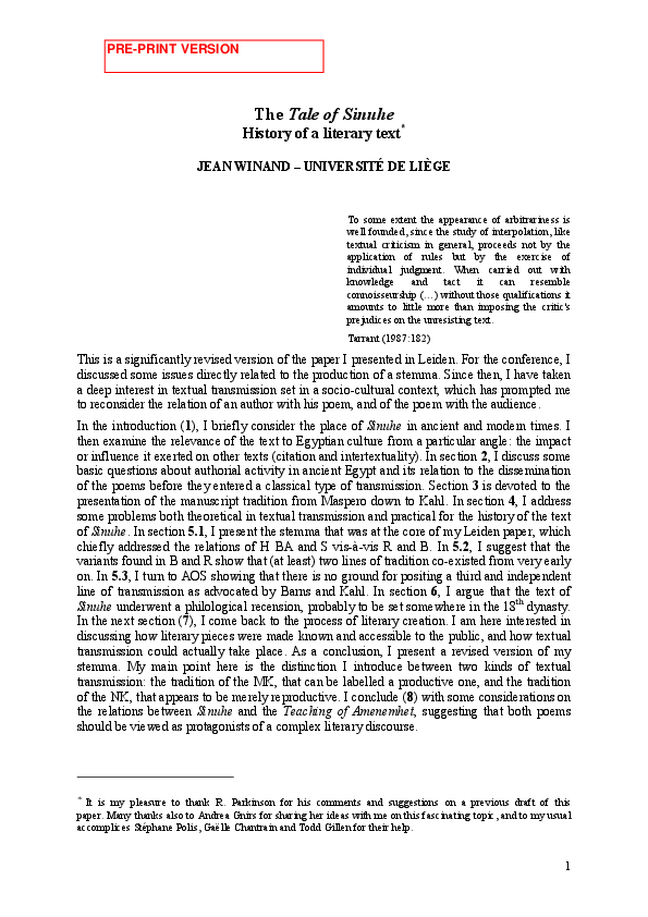 (PDF) The Tale of Sinuhe. History of a Literary Text
