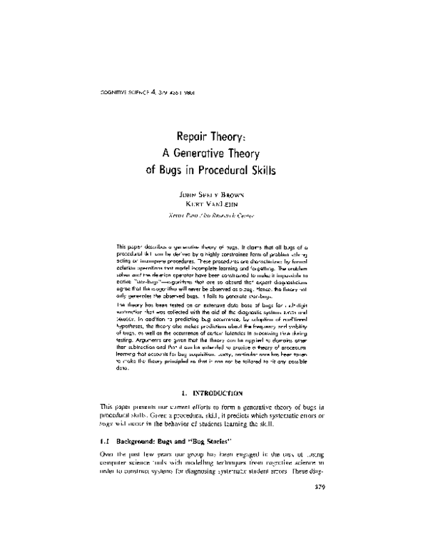 (PDF) Repair Theory - a generative theory of bugs in procedural skills