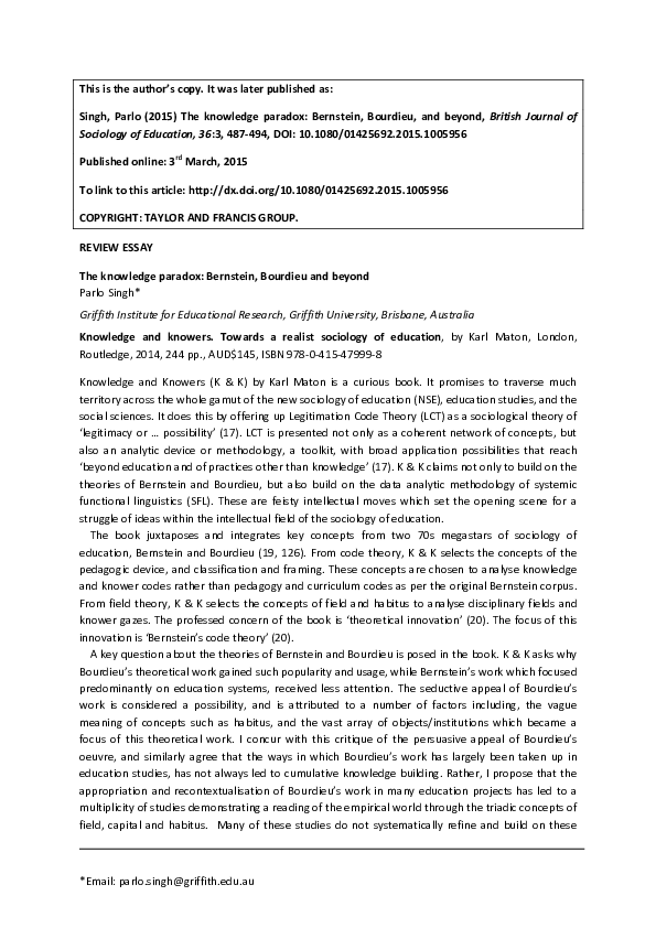 (PDF) The knowledge paradox: Bernstein, Bourdieu, and beyond