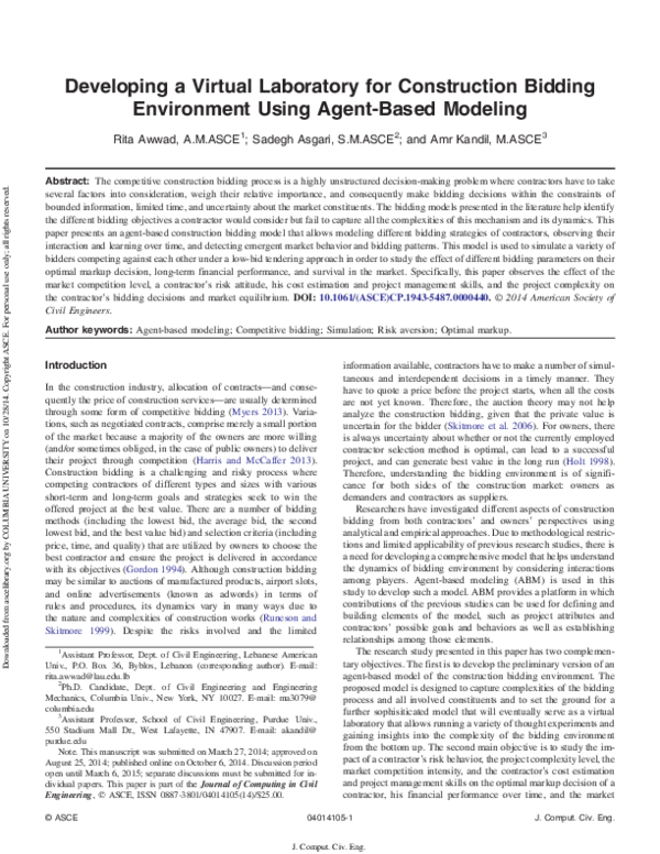 (PDF) Developing a Virtual Laboratory for Construction Bidding Environment Using Agent-Based ...