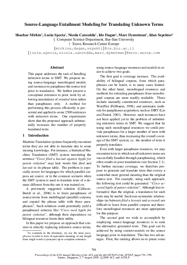 (PDF) Source-Language Entailment Modeling for Translating Unknown Terms
