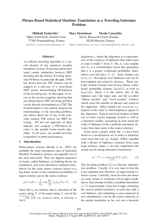 Pdf Phrase Based Statistical Machine Translation As A Traveling Salesman Problem Marc