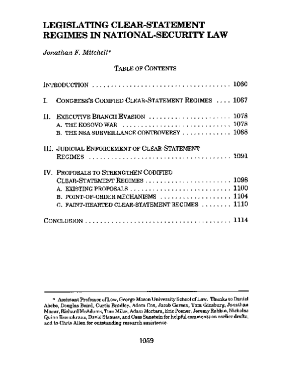 (PDF) Jonathan F. Mitchell, Legislating Clear-Statement Regimes in ...