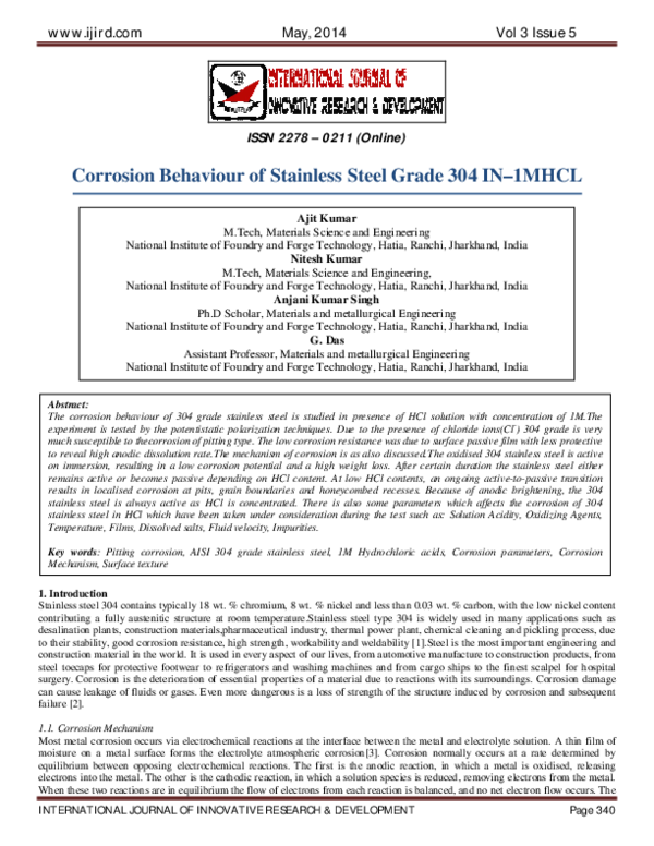 (PDF) Corrosion Behaviour of Stainless Steel Grade 304 IN–1MHCL